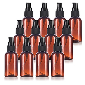 JUVITUS 2 oz Amber Boston Round Plastic PET Bottles with Black Treatment Pump (12 Pack)