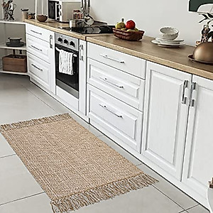 Collive Small Bathroom Rug, 2' x 3' Hand-Woven Low Profile Front Entryway Rug, Tan Cotton Reversible Washable Kitchen Mat Modern Farmhouse Carpet for Foyer Bedroom Back Door Decor