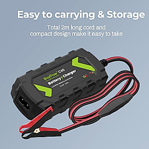 RoyPow 12V Battery Charger 3-Amp Automatic Smart Battery Maintainer, Trickle Charger, and Battery Desulfator with Alligator Clamp and Ring Terminal