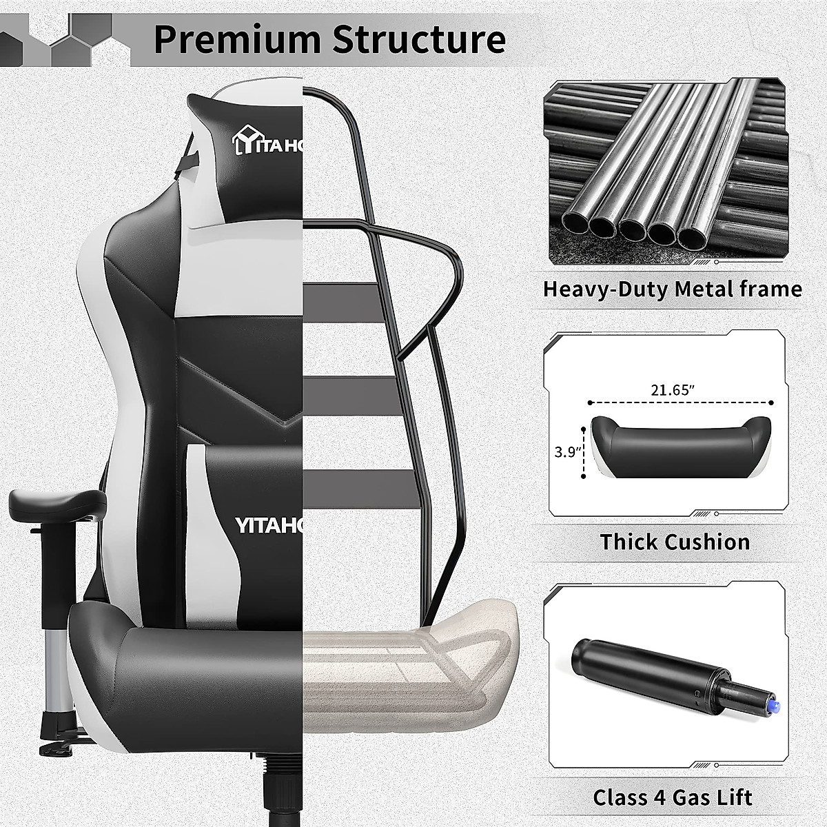 YITAHOME Massage Gaming Chair Big and Tall 350lbs Heavy Duty Ergonomic Video Game Chair High Back Office Computer Chair Racing Style with Headrest and Lumbar Support,White