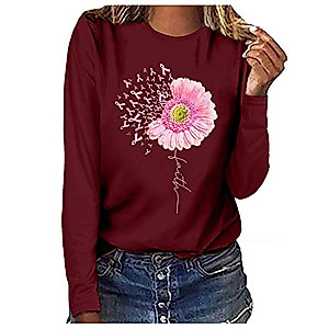 Women Breast Cancer Awareness Shirt Pink Ribbon Rose Graphic Tee Shirt Long Sleeve Pullover Tops Fall Sweatshirts