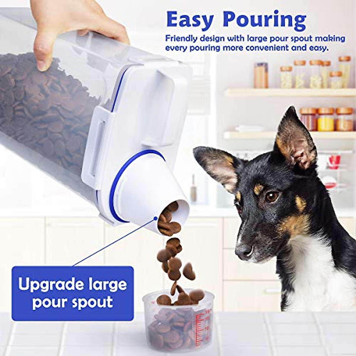 Kytely Upgraded Airtight Pet Food Storage Container, Small Dog Food Container with Measuring Cup, Cat Food Storage Container with Pour Spout, 4 Seal Buckles Food Dispenser for Regular Food, Dogs, Cats, Birds (White)