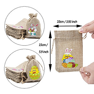 DERAYEE 36Pcs Easter Burlap Bags with Drawstring, Jute Linen Gift Bags Bunny Eggs Goodie Candy Bags for Kids Easter Party Favors