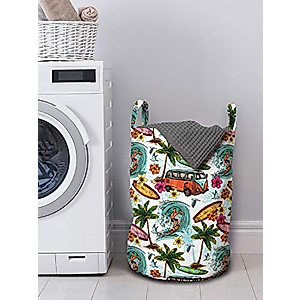 Ambesonne Ocean Organizer Fabric Hamber Basket Bag for Dorm & Laundry Room Organization Hawaiian Surfer Wavy Deep Sea Retro Palms Flowers Print Sturdy Handles Drawstring Closure 13" x 19" Multicolor