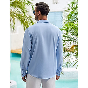 COOFANDY Men's Summer Beach Vacation Shirt Long Sleeve Shirt Business Work Shirts Clear Blue