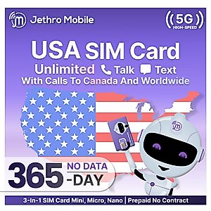 Jethro Mobile Phone Plan | Unlimited Talk & Text Only | No Contract | 3-in-1 Prepaid SIM Card (12 Months)