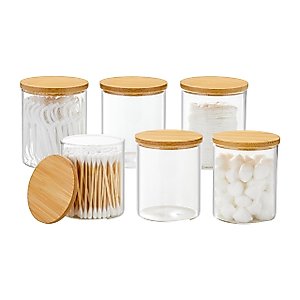 INIUNIK 6 Pack Glass Qtip Holder, Apothecary Jars with Lids Bamboo, Bathroom Organizers and Storage for Cotton Ball Round Swab Pad Floss Picks, Bathroom Decor for Vanity Accessories