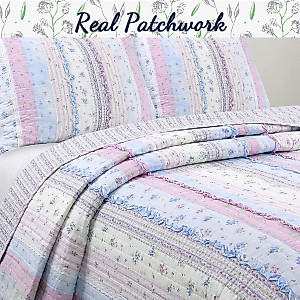 Cozy Line Home Fashions Raelynn Romantic Lace Orchid Light Purple Blue Flower Print Stripe Cotton 3D Bedding Quilt Set, Reversible Coverlet, Bedspread for Girls Women (Lavender,Twin - 2 Piece)