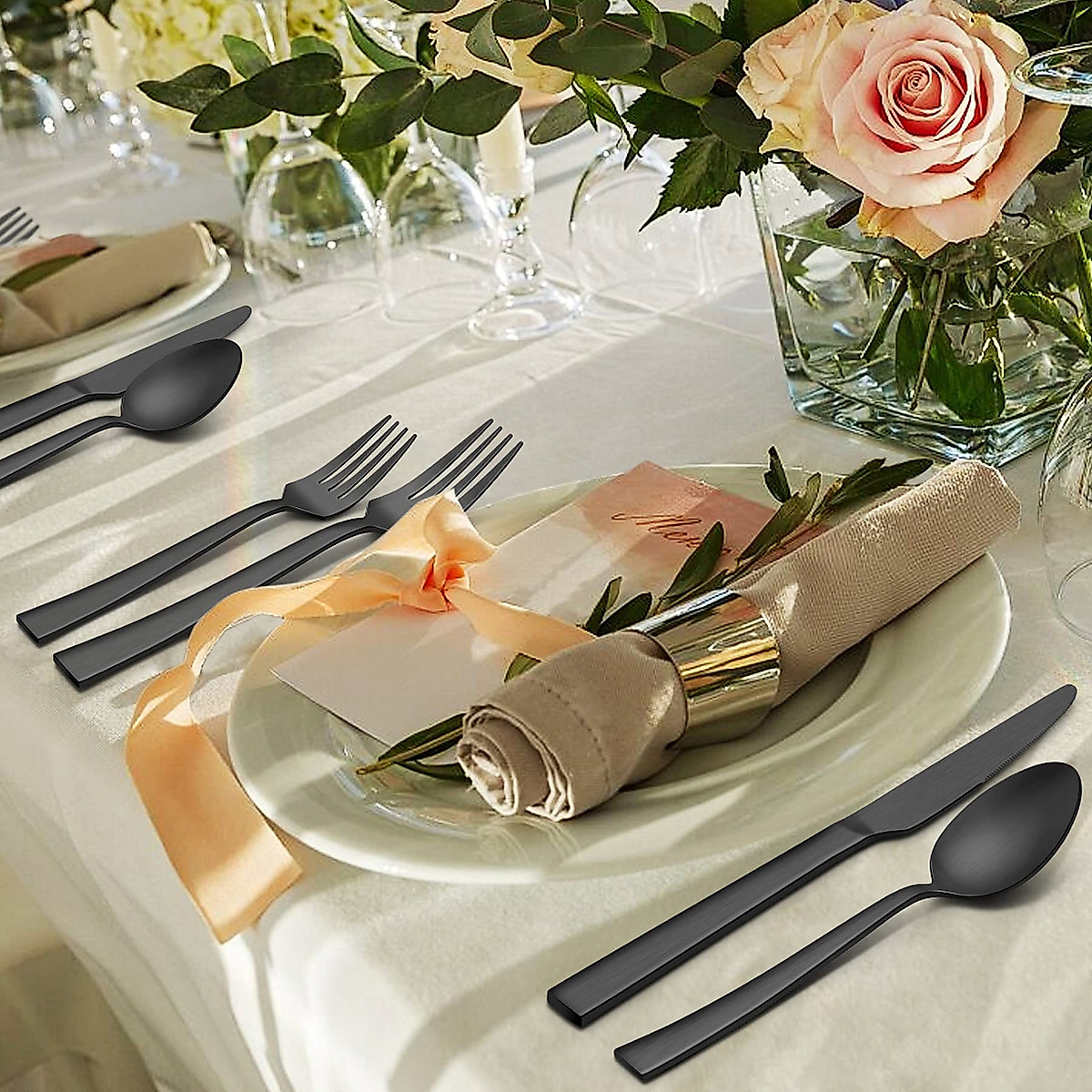 LIANYU 45-Piece Matte Black Silverware Set with Serving Utensils, Stainless Steel Flatware Cutlery Set for 8, Square Tableware Eating Utensils Set for Wedding Home, Satin Finish, Dishwasher Safe