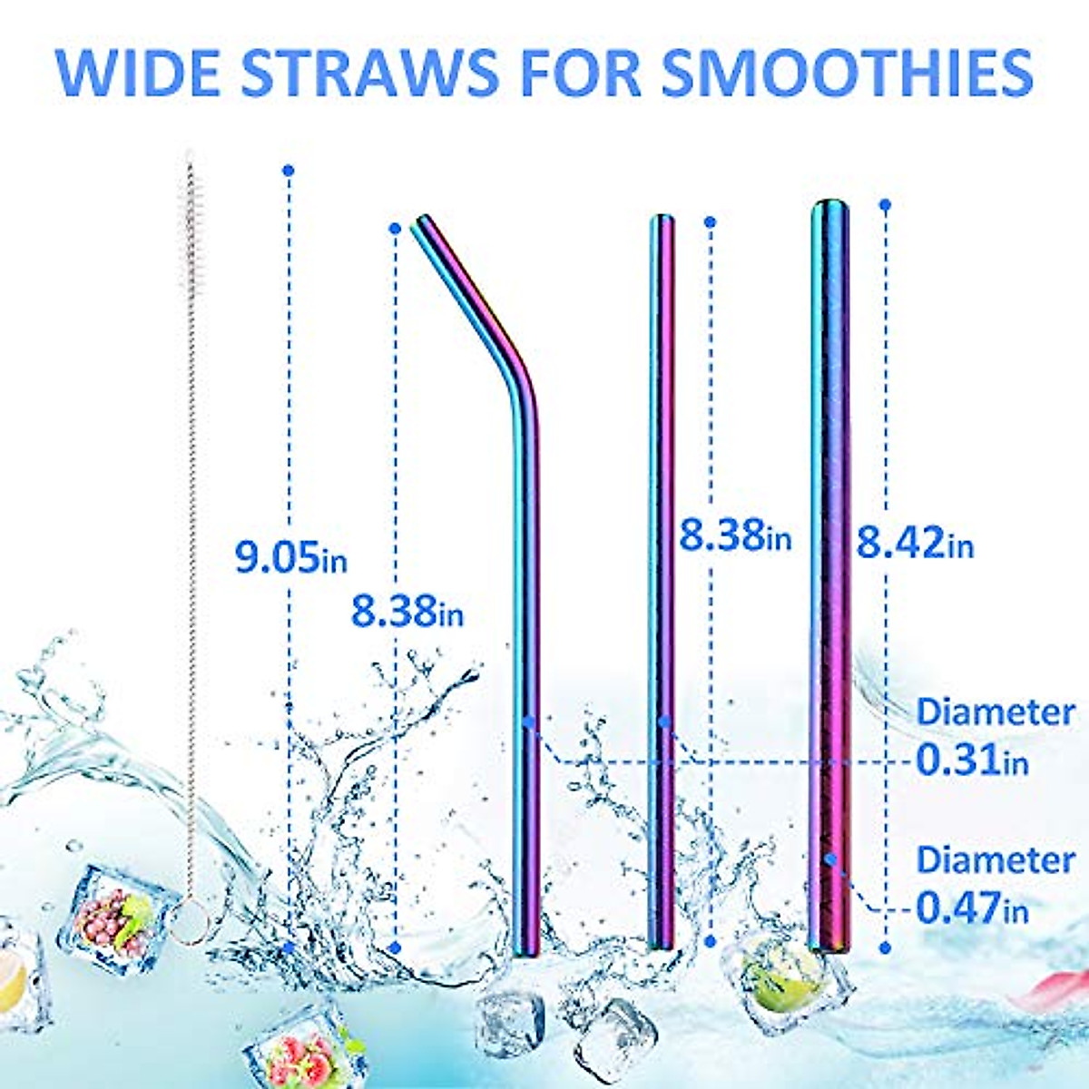 Reusable Metal Straw Boba Straws Extra Wide Stainless Steel Smoothie Straw Drinking Straws with Cleaning Brush & Pouch Magic