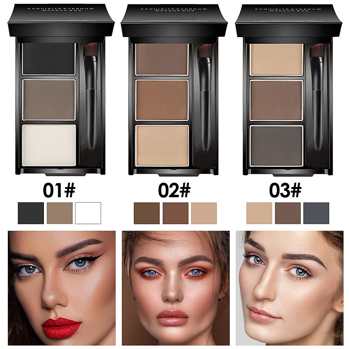 Jutqut Eyebrow Powder Makeup Kit, 3 Colors Eye Brow Tinted Powder Palette, Dark/Light Brown Brow Powder Filler to Shape Natural Eyebrows, Long-Lasting Waterproof Eyebrow Makeup Kit -Set 02