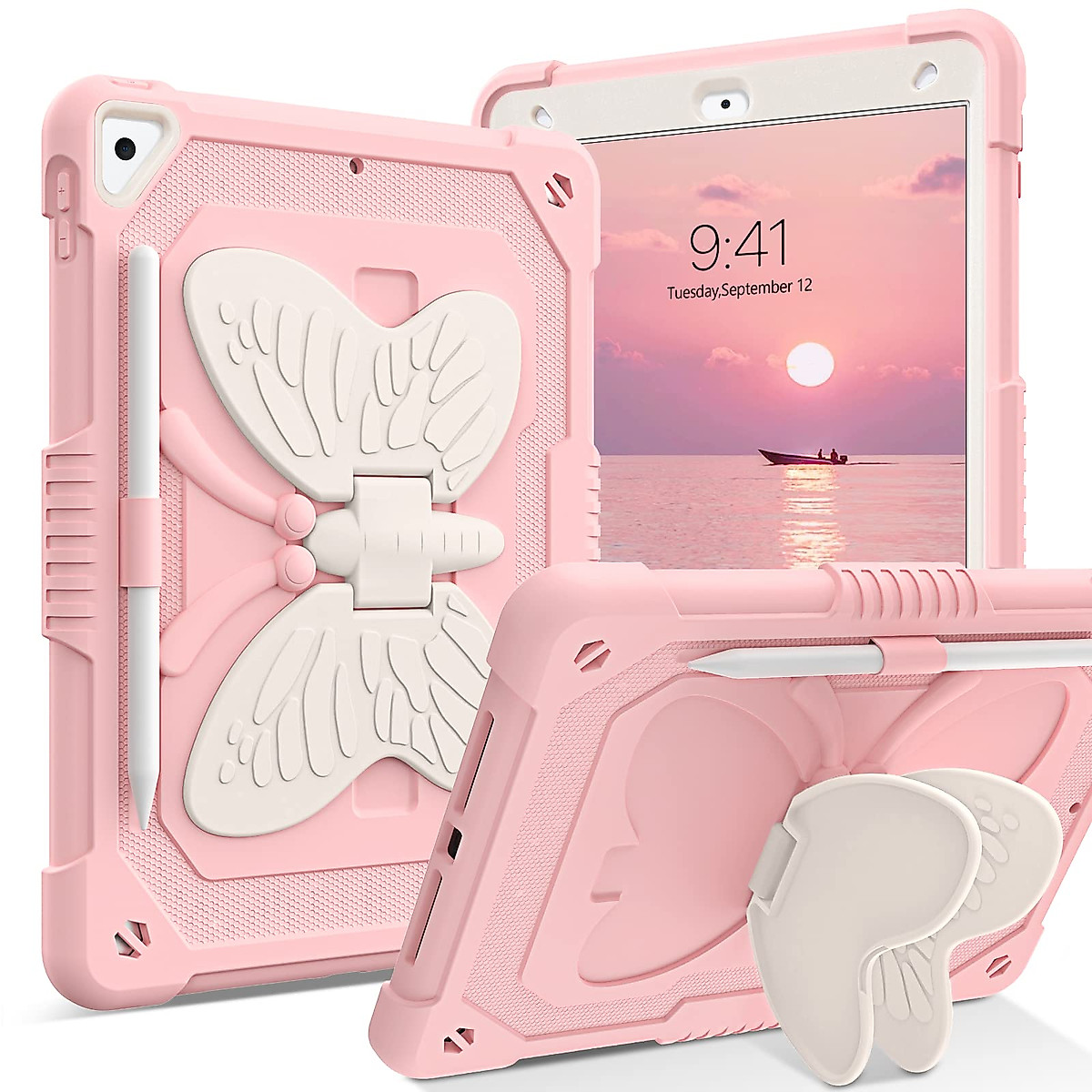 DUEDUE for iPad 10.2 9th/8th/7th Generation Case 2021/2020/2019, Butterfly Wings Kickstand with Pencil Holder Heavy Duty Rugged Shockproof Case for New Apple iPad Air 3 10.5, Beige/Pink