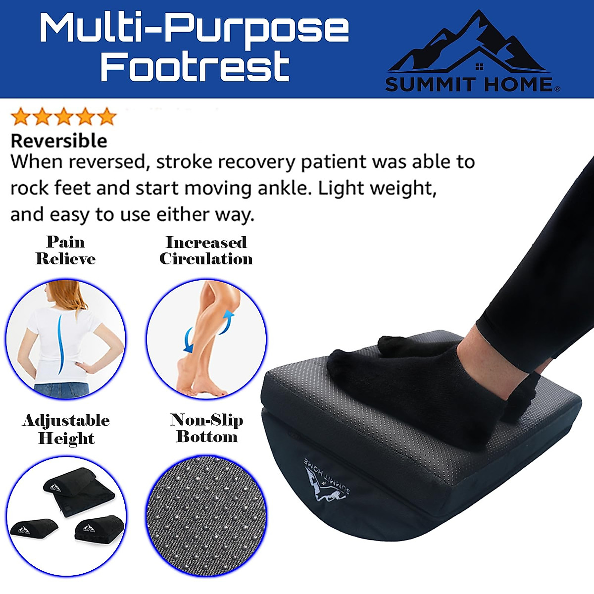 Summit Home Ergonomic Under Desk Foot Rest for Office Use – Adjustable Height Memory Foam Foot Stool Under Desk for Office Chair, Gaming Chair, Home & Car – for Back, Knee, Hip & Foot Pain Relief