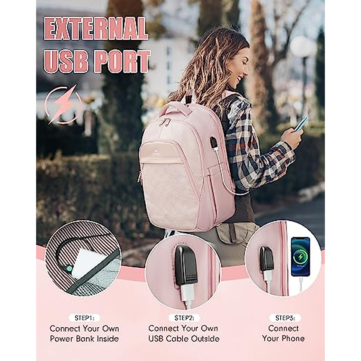 Backpack for Women College, Anti Theft 17 Inch Laptop Backpack with USB Charging Port, Large TSA Water Resistant Airline Approved Lightweight Travel Daypack Cute Nurse Work Weekender Computer Bag,Pink