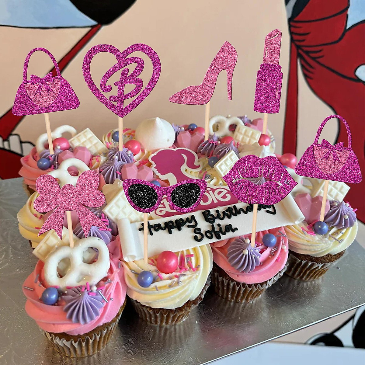 24 PCS Princess Cupcake Toppers Glitter Pink Girl Cupcake Picks Handbag Glasses Bow Lipstick Tie High Heel Cake Decorations for Wedding Bridal Shower Baby Shower Birthday Party Supplies Rose Red