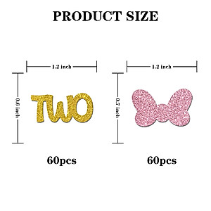 INNORU Bow Two Confetti Glitter, Baby Girl 2nd Birthday Paper Scatter, Kid 2nd Birthday Anniversary Party Table Decorations Confetti, 120pcs