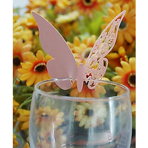 AKOAK Pearlized Paper Butterfly Table Number Place Card Name Card Wine Glass Cup Decoration Wall Decals Sticker for Wedding Party Favor Decor,50 Counts (Pink)