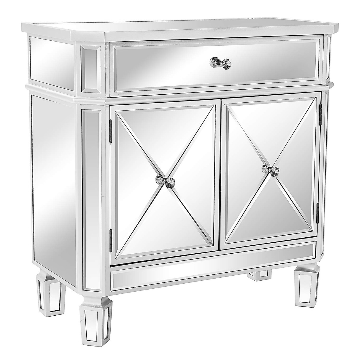 VINGLI Mirrored Cabinet, Mirrored Nightstand, Mirrored Dresser Accent Chest, Large Mirror Nightstand with 1 Drawer and Two Doors, 27.5”W x 13.4”D x 27.5”H, Mirror