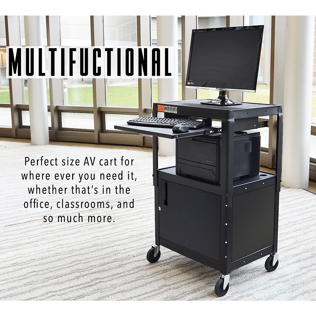 Line Leader AV Cart with Locking Cabinet | Height Adjustable Utility Cart with Extra Storage | Power Strip and Cord Management | Great for Presentations (Black / 24 x 18)