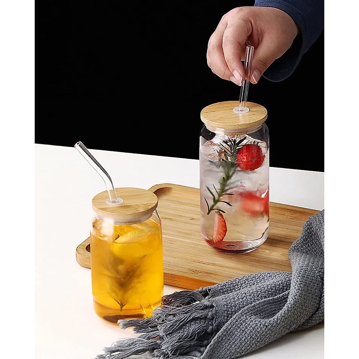 [4 pc set] Can Shaped Drinking Glass Cups with Bamboo Lid, Glass Straw, and Cleaning Brush. High Borosilicate Glass Material. Excellent for smoothies, soda and iced coffee.