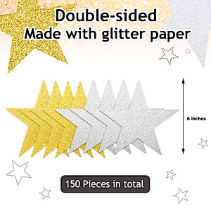 150 Pcs Glitter Stars Paper Confetti Wedding Party Decor Cutouts Confetti Stars Small Stars for Bulletin Board Shimmer Stars Accents for Classroom Wall Decor, 6 Inches (Gold and Silver)