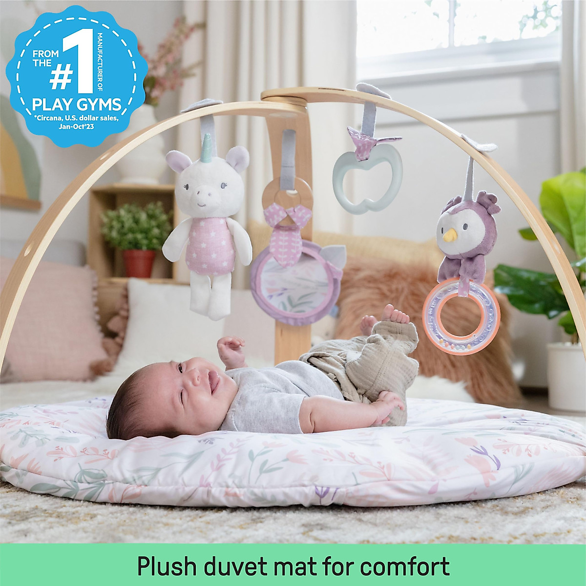 Ingenuity Cozy Spot Reversible Duvet Activity Gym & Play Mat with Wooden-Toy-bar - Calla (Pink), Newborn and up