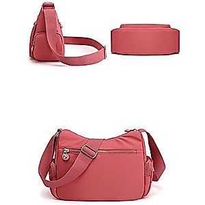 YaJaMa Multi Zipper Women Crossbody Bag Large Capacity Nylon Travel Shoulder Messenger Bag Handbag Satchel (Pink)