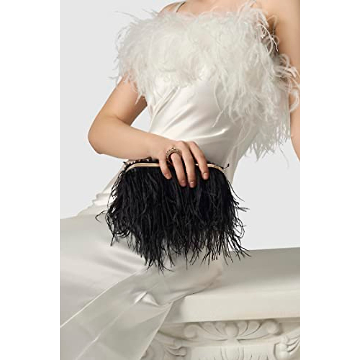 BABEYOND Women's Ostrich Feather Clutch - Pearl Evening Bag Shoulder Dress Handbag Purse for 1920s Party Prom Wedding