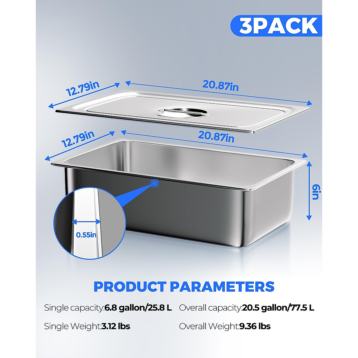 WantJoin Full Size Steam Table Pans with Lid, 3 Pack 6 Inch Deep Restaurant Steam Table Pans Commercial Cookwares, Hotel Pan Made of Stainless Steel