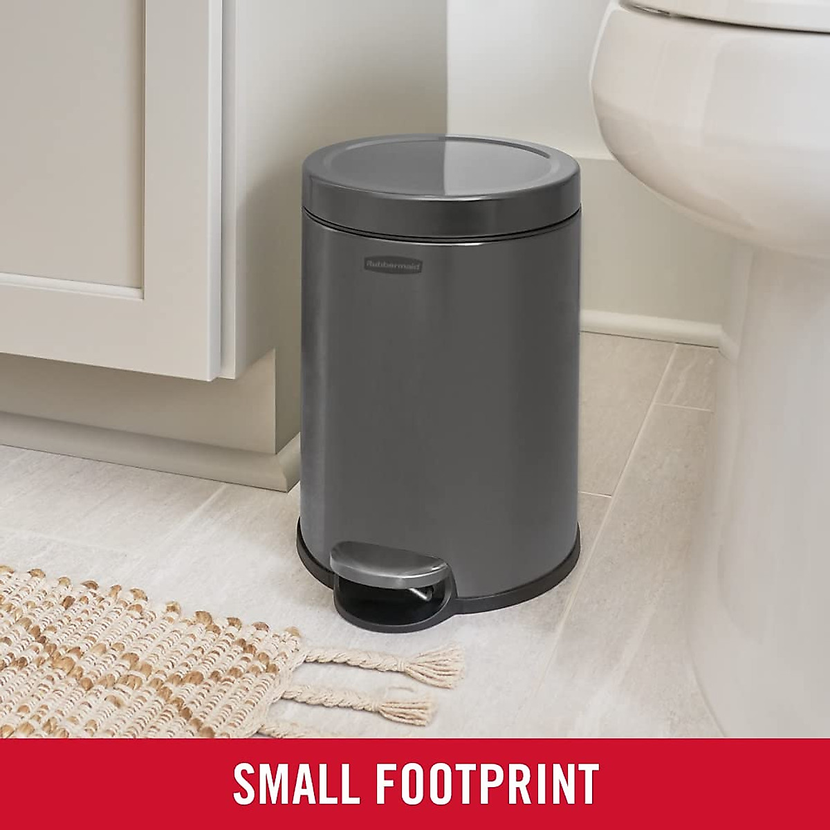Rubbermaid Stainless Steel Round Step-On Trash Can, 1.6-Gallon, Charcoal, Wastebasket with Lid for Home/Bathroom/Kitchen/Office