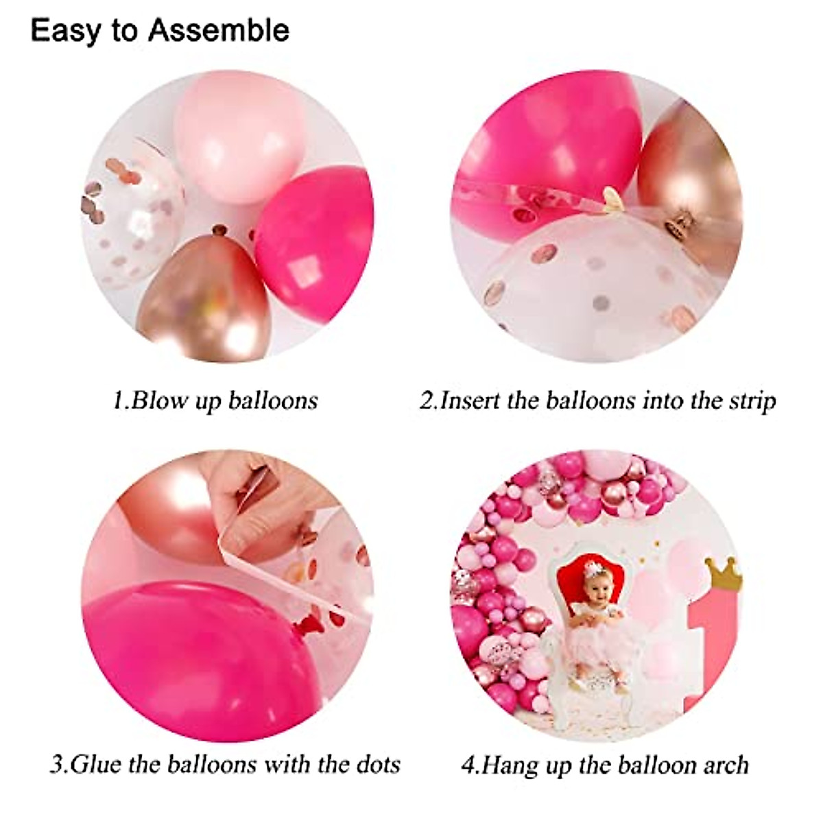 RUBFAC Pink Balloon Arch Garland Kit, Hot Pink Rose Gold Chrome Balloons for Birthday Shower Princess Theme Party Background Decorations