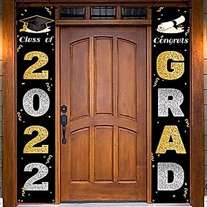 2022 Graduation Decorations Banner, Class of 2022, Congrats Grad Banner, Graduation Hanging Flag Porch Sign, Graduation Party Decorations Supplies for Indoor/Outdoor/Home/Door/Wall Decor (Black Gold)