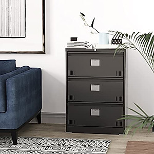Lateral File Cabinet with Lock, 3 Drawer Large Vertical Filing Cabinet，Metal Storage File Cabinet for Home Office, Lockable Storage Lateral Filing Cabinet for Hanging Files Letter/Legal/F4/A4 Size