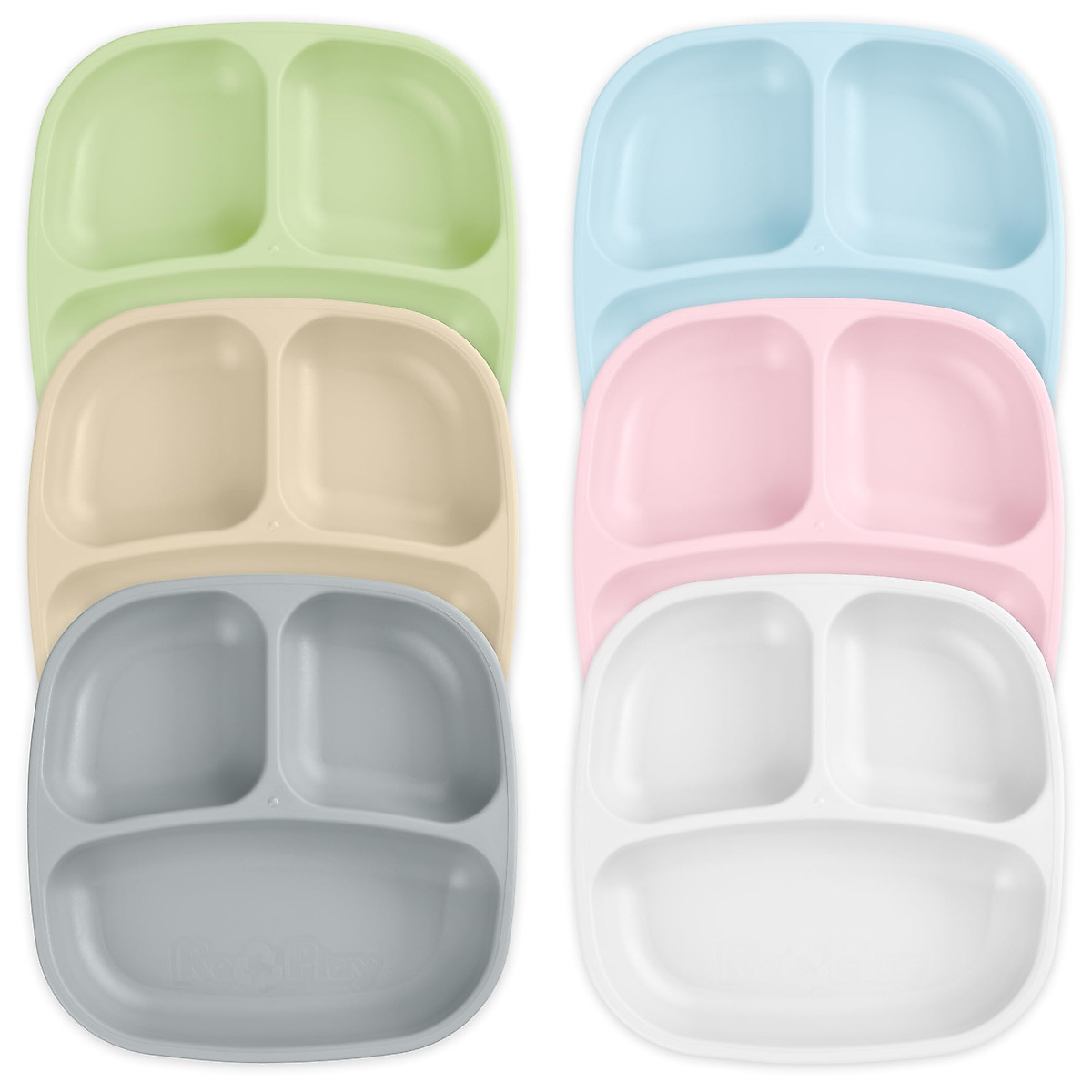 Re-Play Made in USA Deep Walled 3 Compartment Plates, Pack of 6 - Reusable Divided Plates for Kids, Dishwasher and Microwave Safe - Durable Toddler Plates 7.37" x 7.37" x 1.25", Meadow