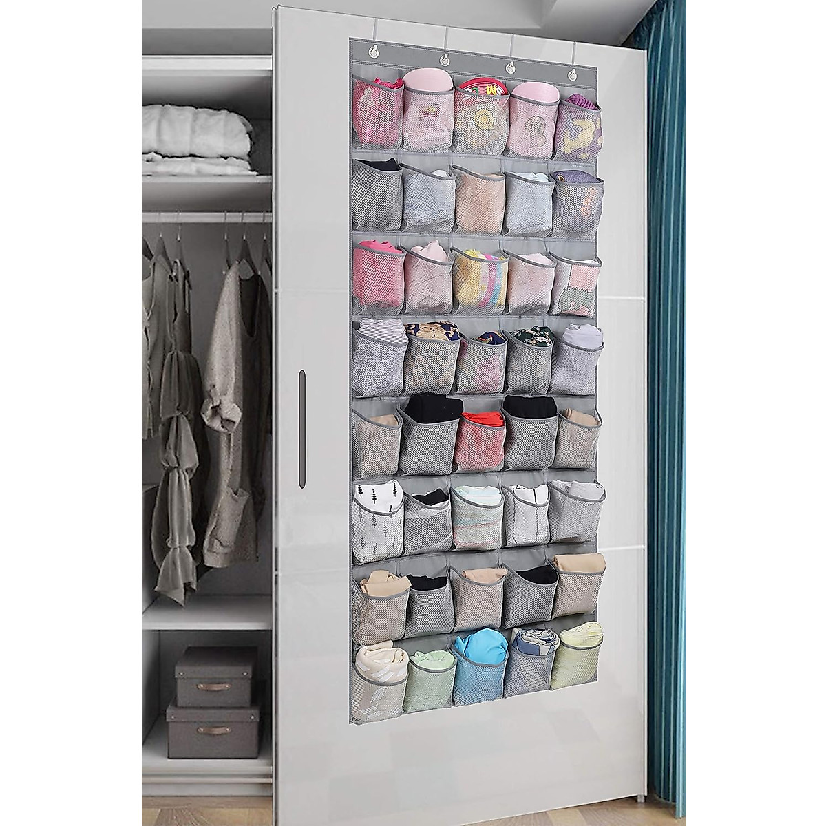 KIMBORA Large Hanging Storage Organizer Wide Over the Door Pantry Organizer kids Shoe Rack with 40 Mesh Pockets for Bathroom Cleaning Room, Grey