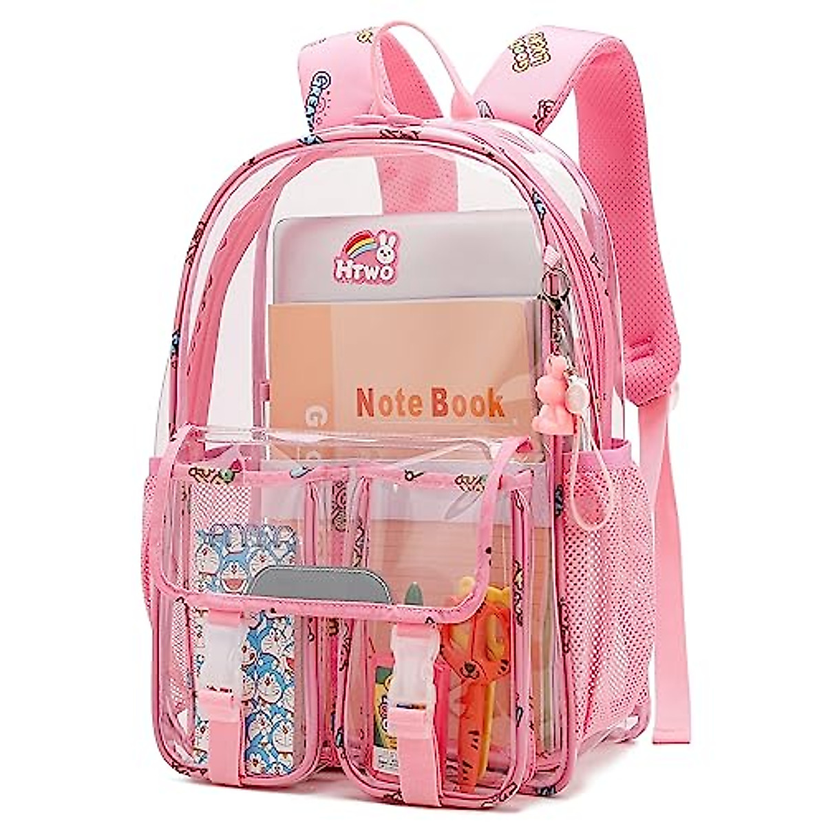 HTWO Clear Backpack for Girls Stadium Approved, PVC Backpacks Suitable for Elementary School, passed CPSC and With Pendant. (Pink)