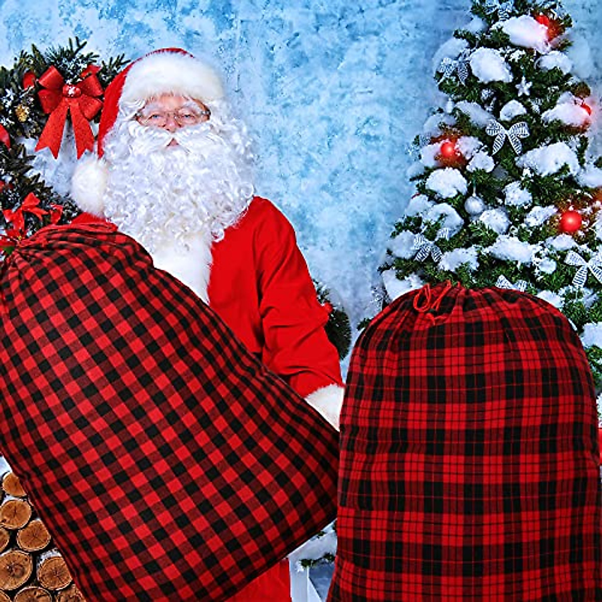 2 Pieces Christmas Sack Buffalo Plaid Drawstring Storage Bags Exlarge 39.37 x 25.9 Inch Xmas Storing Sacks Bags for Party Favors Supplies (Black and Red Plaid)