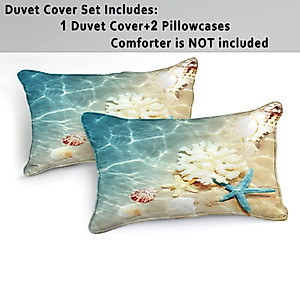 Bedbay Beach Queen Duvet Cover Set,Coastal Bedding Set Queen,Teen Girls Boys Starfish Beach Decor 3 Pieces Microfiber Quilt Cover,Beach Themed Bedding Set for Summer (Turquoise,Queen)