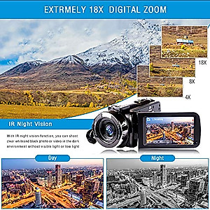 Vmotal Video Camera Camcorder with Microphone, 2.7K HD 42.0 MP 18X Digital Zoom 1080P Vlogging YouTube Recorder, 270 Degree Rotation 3.0 Inch Screen with 2 Batteries Inculde 32GB SD Card