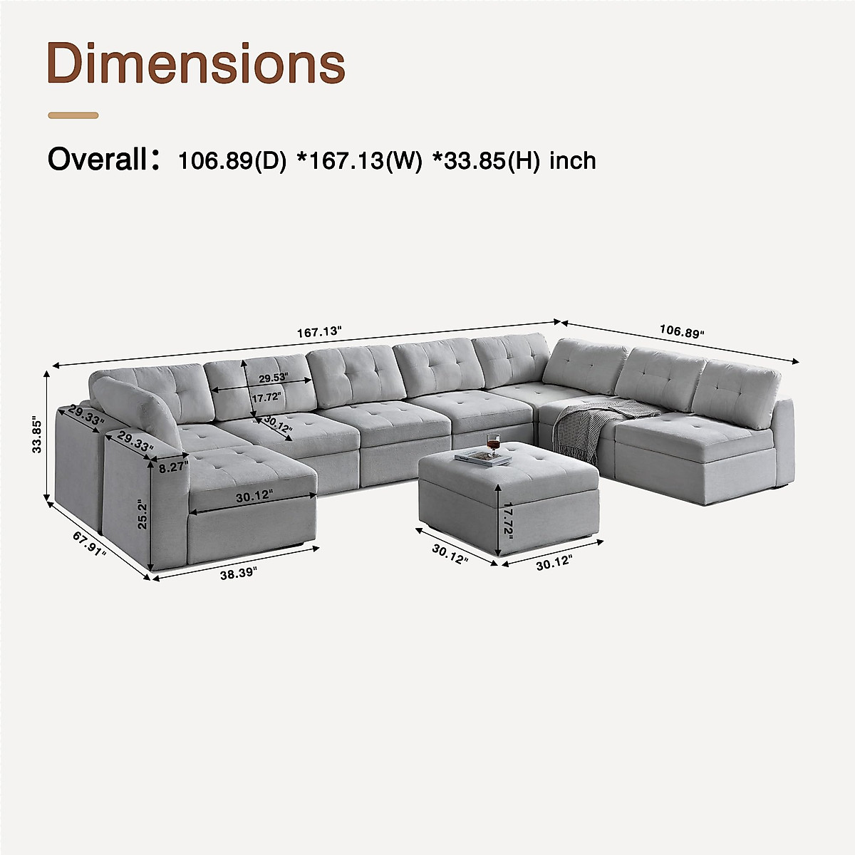 Convertible Modular Sectional Sofa Set Tufted Couch with Chaise and Storage for Living Room, Office, Large Spaces