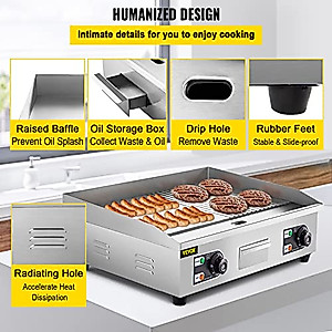 VEVOR 29" Commercial Electric Griddle,Electric Countertop Flat Top Griddle 220V 3000W Half Grooved/Flat,Non-Stick Restaurant Teppanyaki Stainless Steel Grill,Temperature Control 122°F-572°F.