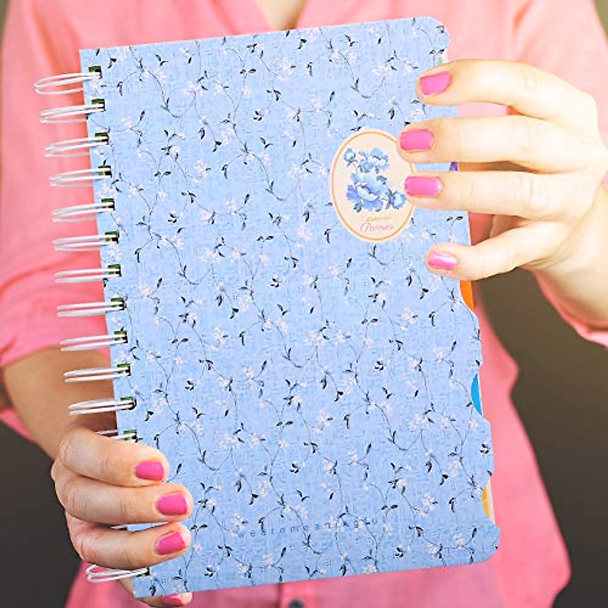 5 Subject Notebook，Wide Ruled Spiral Notebooks，A5 Travelers Notebook, Colored Dividers with Tabs, Cute Floral Notepad, Hardcover Journal Memo Planner for School Kids Girls Women, 5.7”×8.27”, 300 Pages