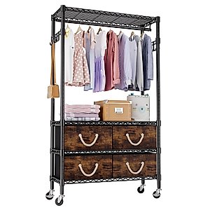 Maiproo Clothes Rack with Drawers Rolling Heavy Duty Clothing Racks for Hanging Clothes Garment Rack with 4 Fabric Drawers Adjustable with Double Side Hooks Wardrobe Closet Portable Storage Black