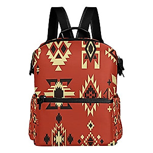 Native American Tribal Ethnic Elements Vector Pattern on Red Board Women Daypacks Ladies Backpack Purse Casual Shoulder Bag Knapsack College Schoolbag Sitting Rucksack Students Bookbag