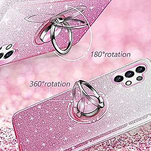KSWOUS Galaxy A32 5G Case with 2 Pack Screen Protector, Crystal Clear Glitter Sparkly Bling Pink Protective Cover with Kickstand for Women Girls Slim Shockproof Case for Samsung A32 5G (Pink)