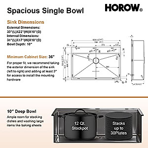 HOROW 33 inch Drop In Workstation Kitchen Sink, 18 Gauge Topmount Drop In Sink for Kitchen, sus 304 Stainless Steel Sink with 2 holes, Deep Single Bowl Kitchen Sink with Accessories, 33"x22"x10"