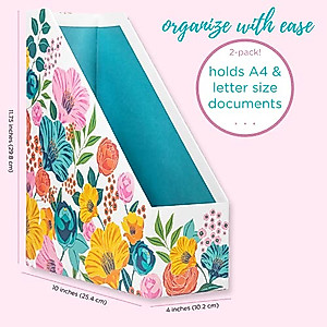 Steel Mill & Co. Decorative Magazine Holder, Set of 2, Cute Floral Vertical File Organizers, Storage Bins for Desk, Home and Office, Garden Blooms (Cream)