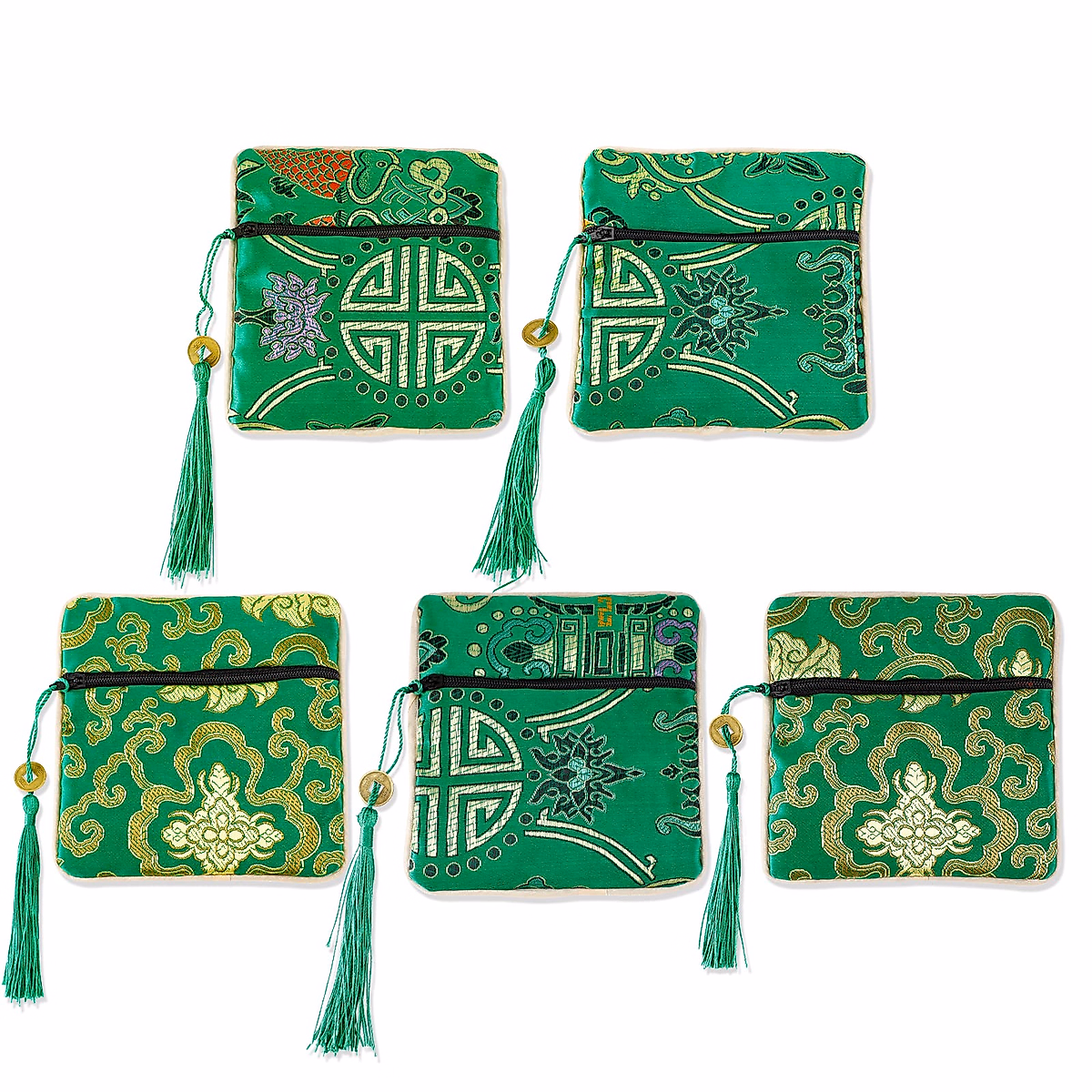 Onukaly 5PCS Jewelry Silk Purse Pouch, Chinese Silk Style Zipper Brocade Embroidered Bag for Women Coin Wallet (Green)