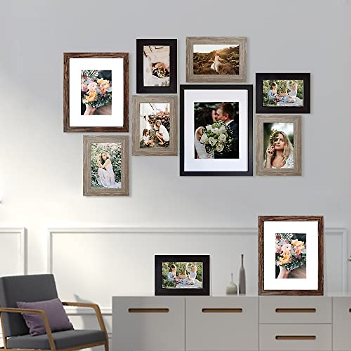 SESEAT Picture Frames Collage, Gallery Wall Frame Set with 11x14 8x10 5x7 4x6 Frames in 3 Different Finishes, Set of 10