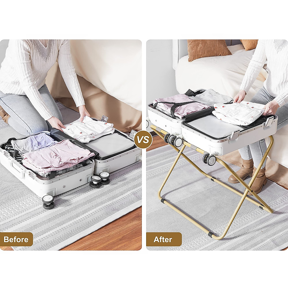 ELYKEN Luggage Rack for Guest Room 2 Pack, Folding Suitcase Stand, Heavy Duty 110LBS Load Bearing Easily Assemble Luggage Holder, Gold